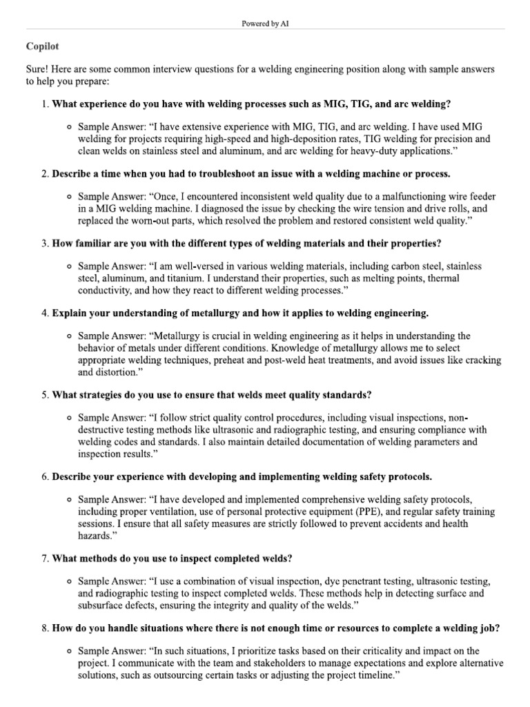 Interview Questions For A Welding Engineering Position | PDF