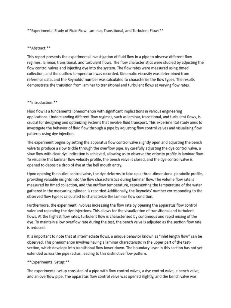 Experimental Study of Fluid Flow: Laminar, Transitional, and Turbulent Flows | PDF