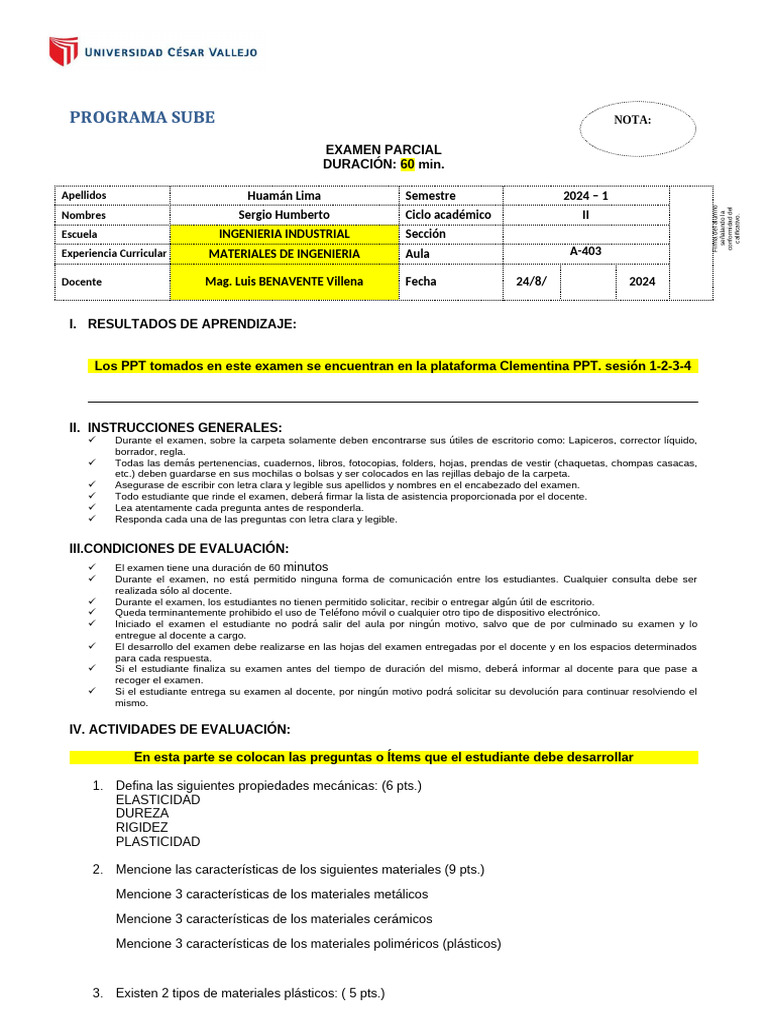 EXAMEN PARCIAL Formato Plantilla de Examen Parcial SUBE | PDF