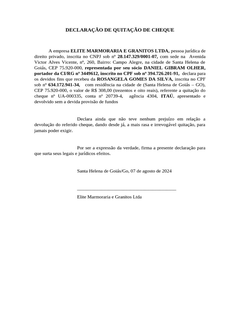 DECLARACAO DE QUITACAO DE CHEQUE | PDF DECLARACAO DE QUITACAO DE CHEQUE | PDF