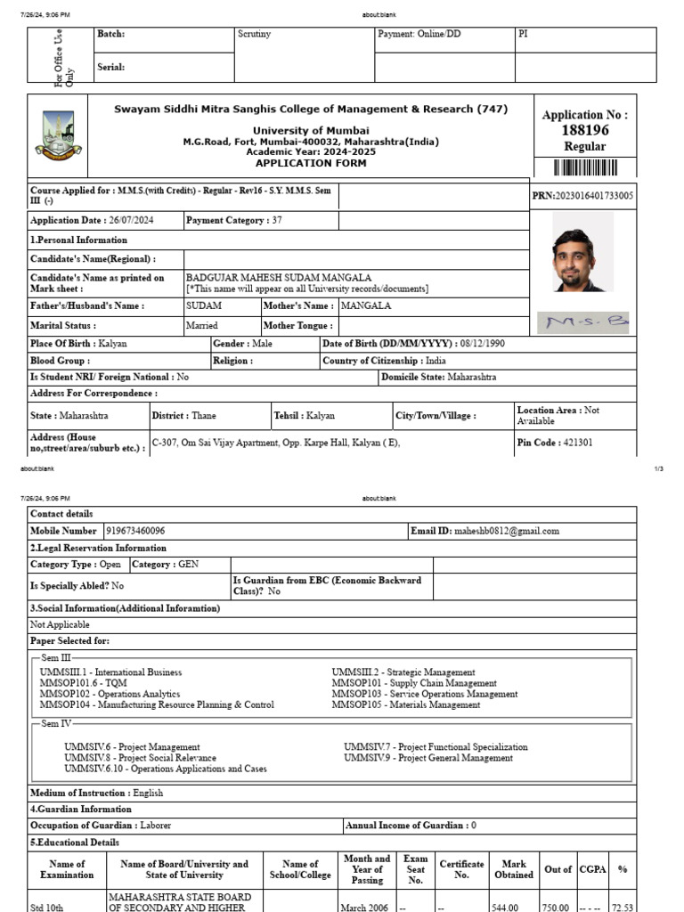 MMS Application Form for 2024-2025 | PDF