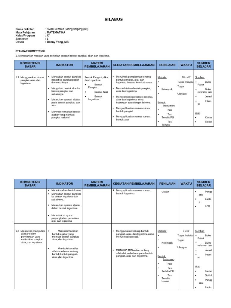 Silabus Matematika BC X | PDF