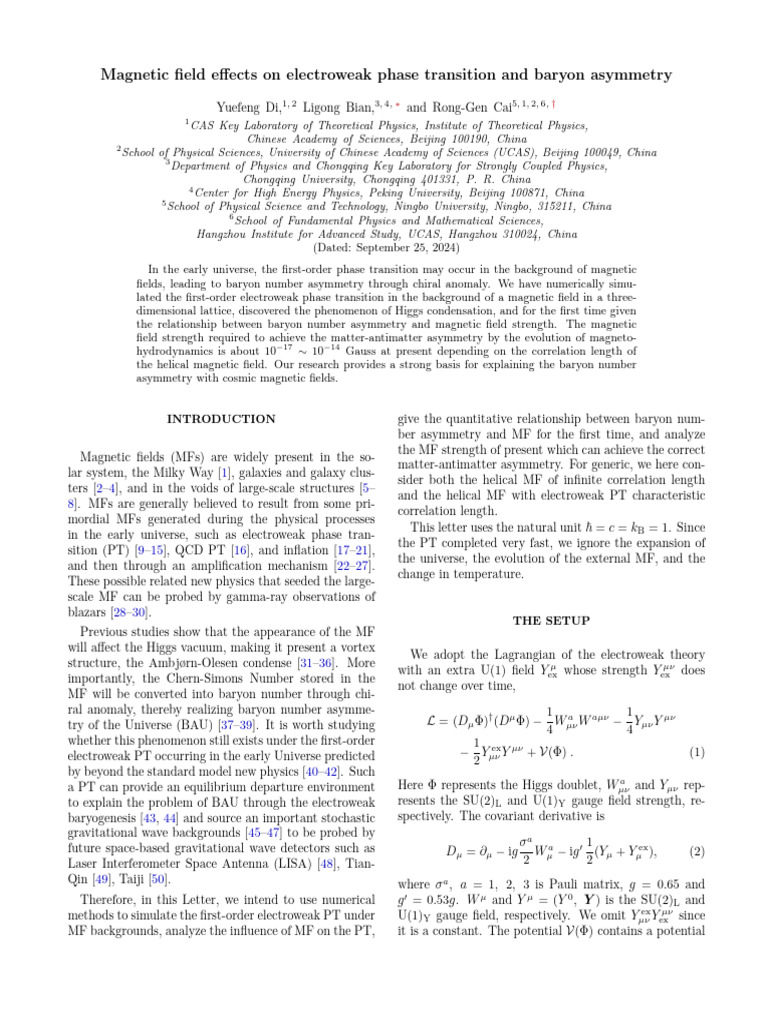 Magnetic Field Effects On Electroweak Phase Transition and Baryon Asymmetry | PDF | Universe ...