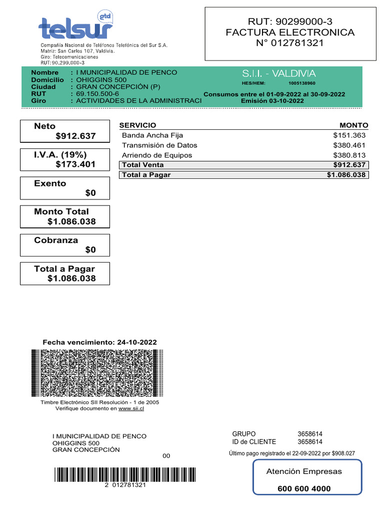 Neto $912.637 I.V.A. (19%) $173.401 Exento $0 Monto Total $1.086.038 ...