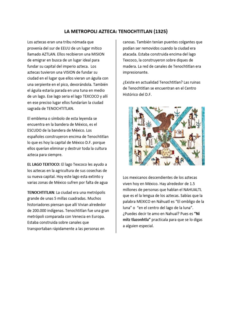 Spanish Reading - Tenochtitlan La Metropoli Azteca | PDF | Mexico | Aztec