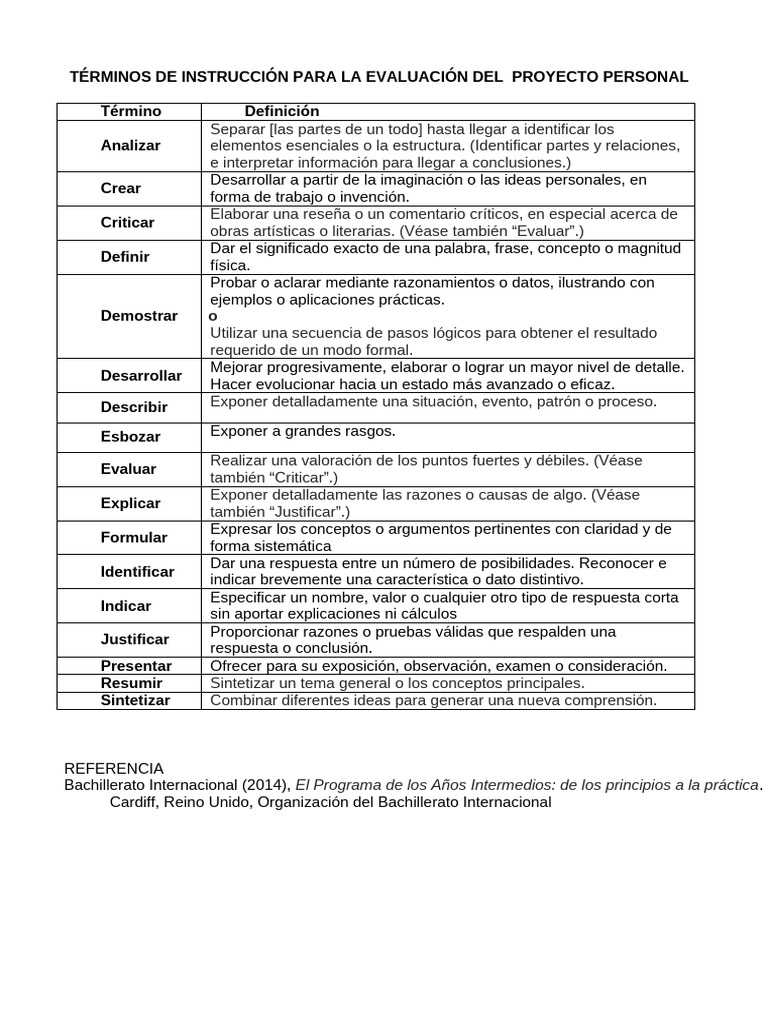 Términos de Instrucción Proyecto Personal PAI | PDF