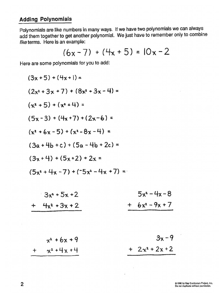 Algebra 1 Adding Subtracting Polynomials | PDF