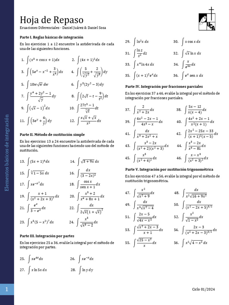Hoja de trabajo (Repaso). Elementos básicos de integración | PDF