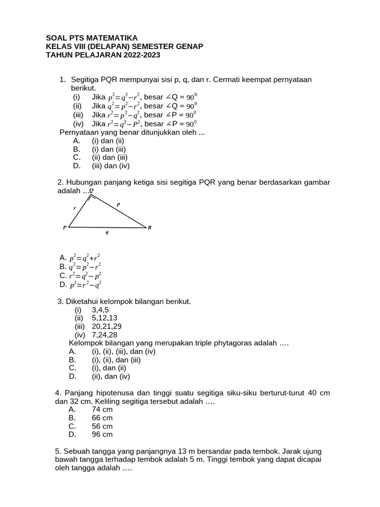 (Ok) Asli Soal - PTS - Genap - Matematika - KLS - 8 | PDF