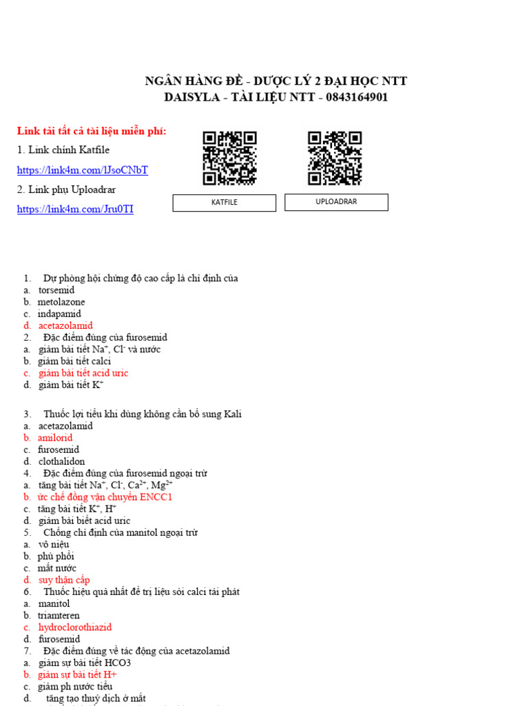 NGÂN HÀNG ĐỀ - DƯỢC LÝ 2 - ĐH NTT | PDF