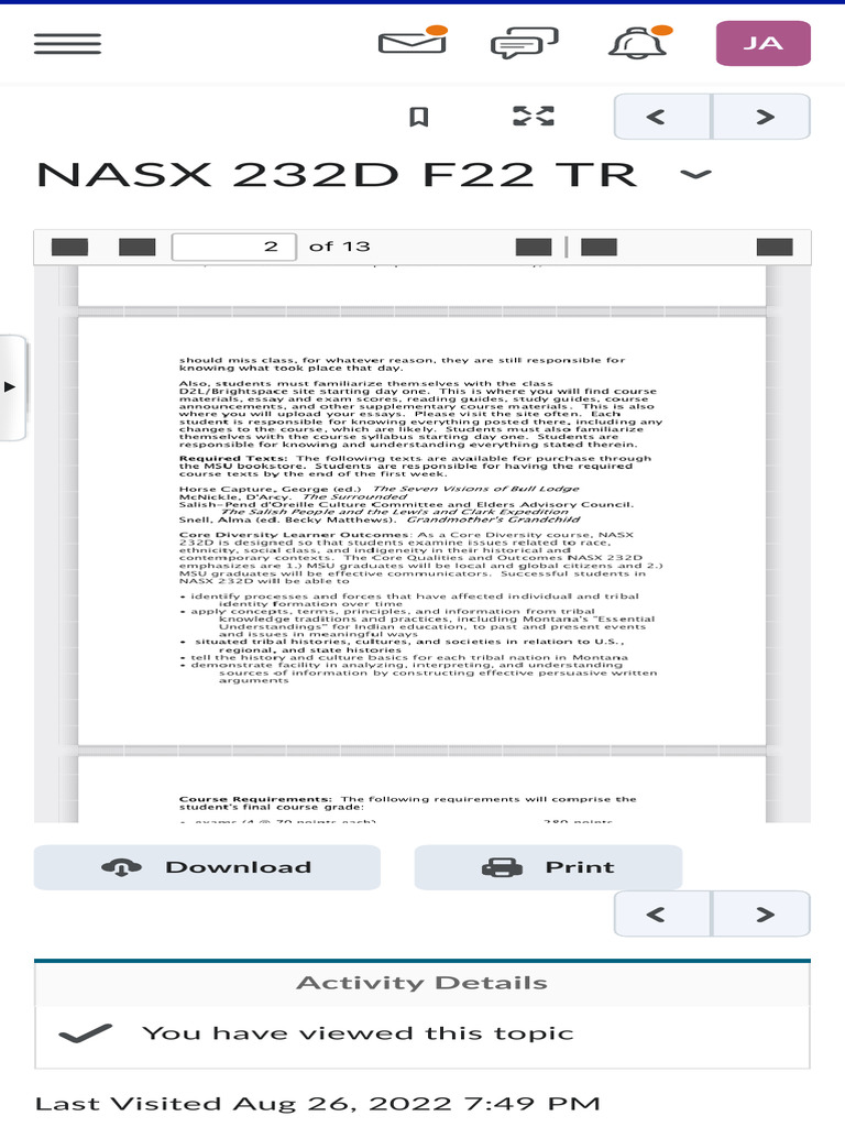 NASX 232D F22 TR - MT Indian Cult, Hist, Cur Issu | PDF