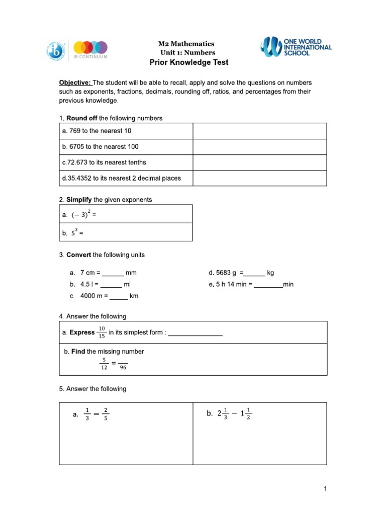 M2 Mathematics Unit 1 Numbers PKT 2023-24 | PDF