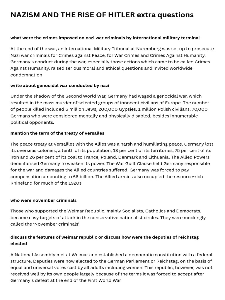 Nazism and The Rise of Hitler Extra Questions | PDF