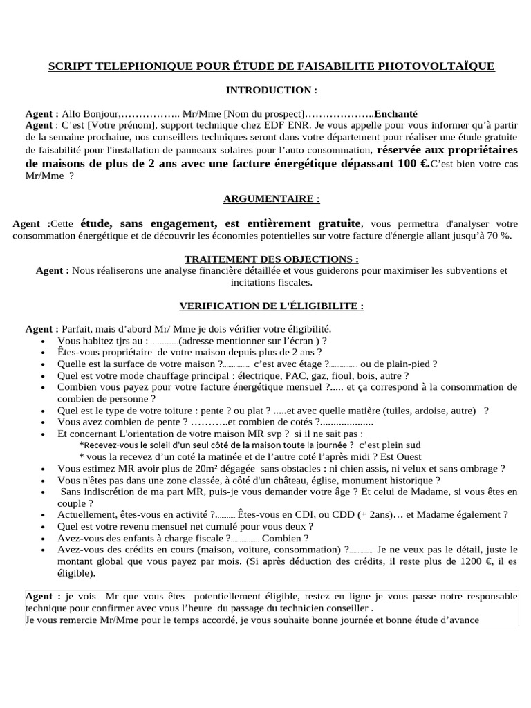 Script Telephonique Pour Étude de Faisabilite Photovoltaïque 02 | PDF