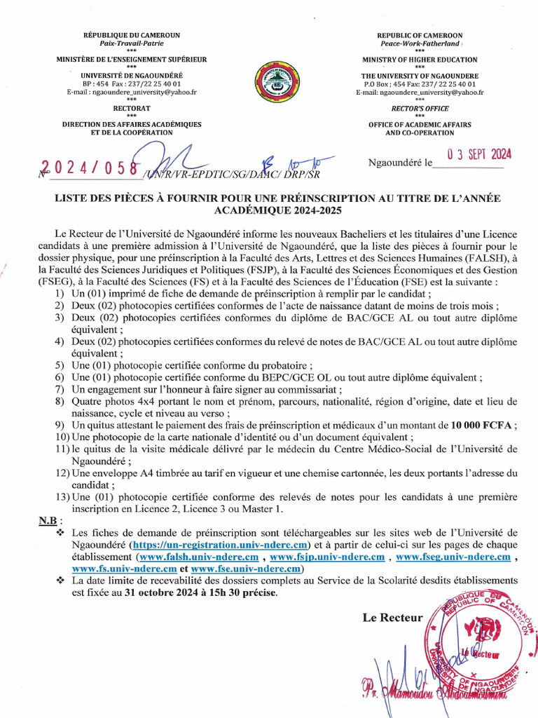 Liste Des Pieces A Fournir Pour Une Preinscription Au Titre de Lannee | PDF