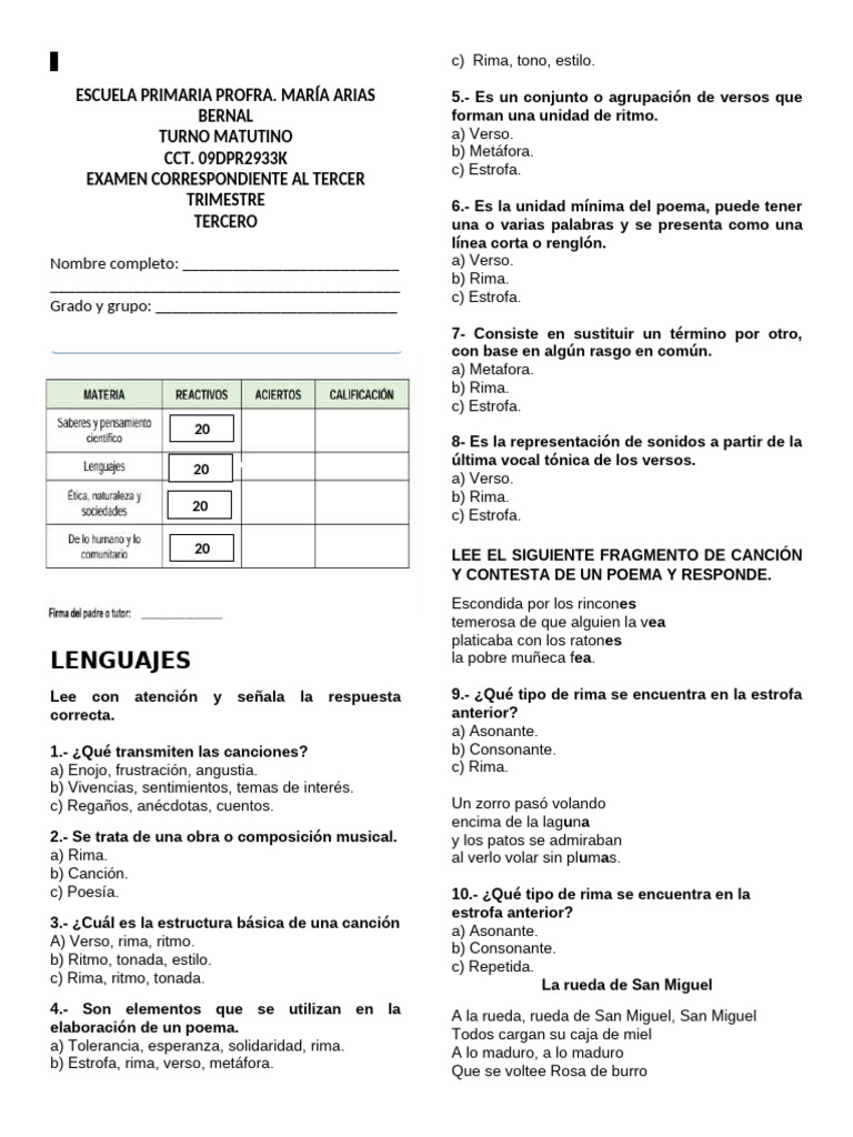 Examen 3 To Grado 3 Er Trimestre | PDF | Language Arts & Discipline | Art