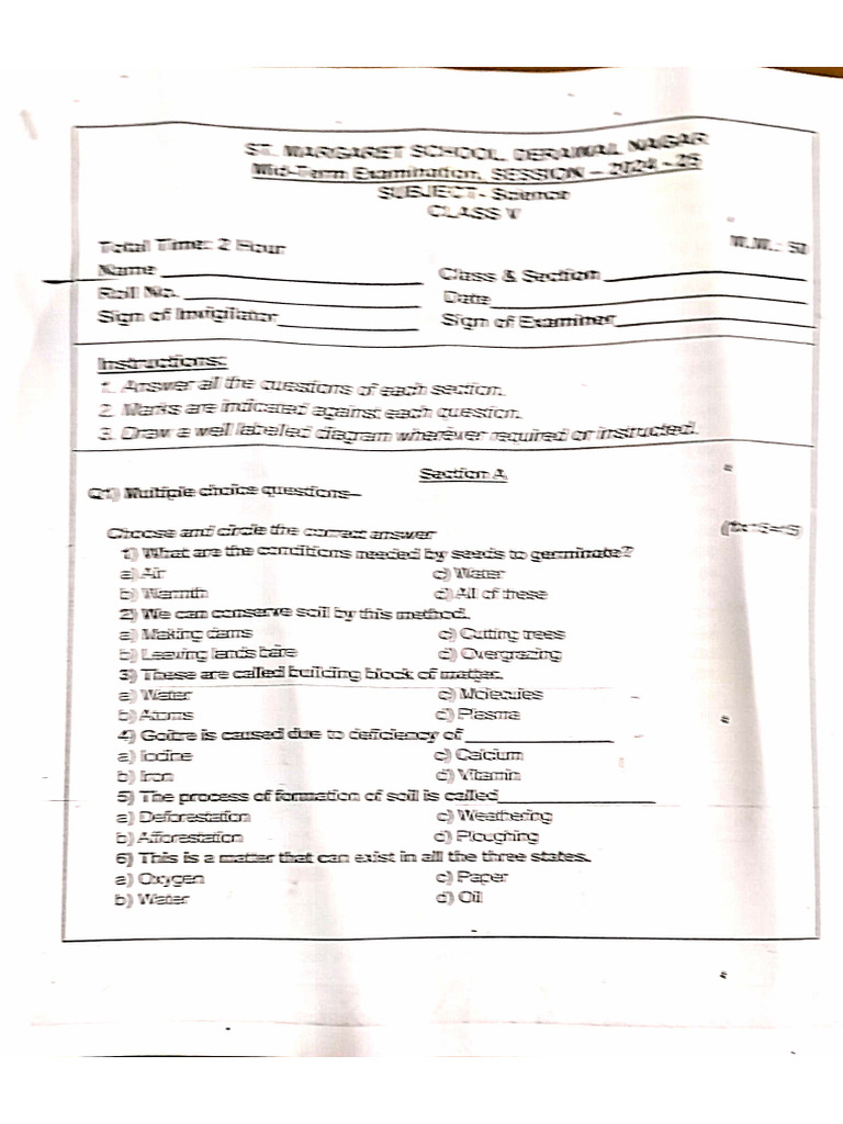 Question Paper Class 5, Science | PDF
