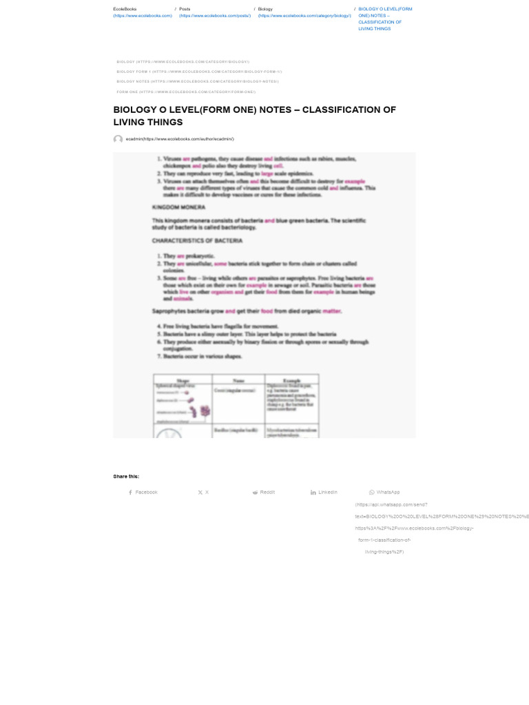 Biology o Level (Form One) Notes - Classification of Living Things ...