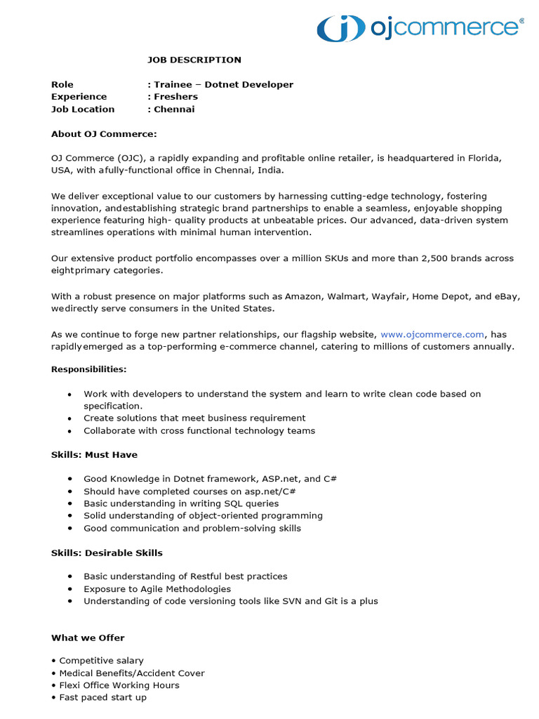 JD - Trainee - Dotnet Developer | PDF