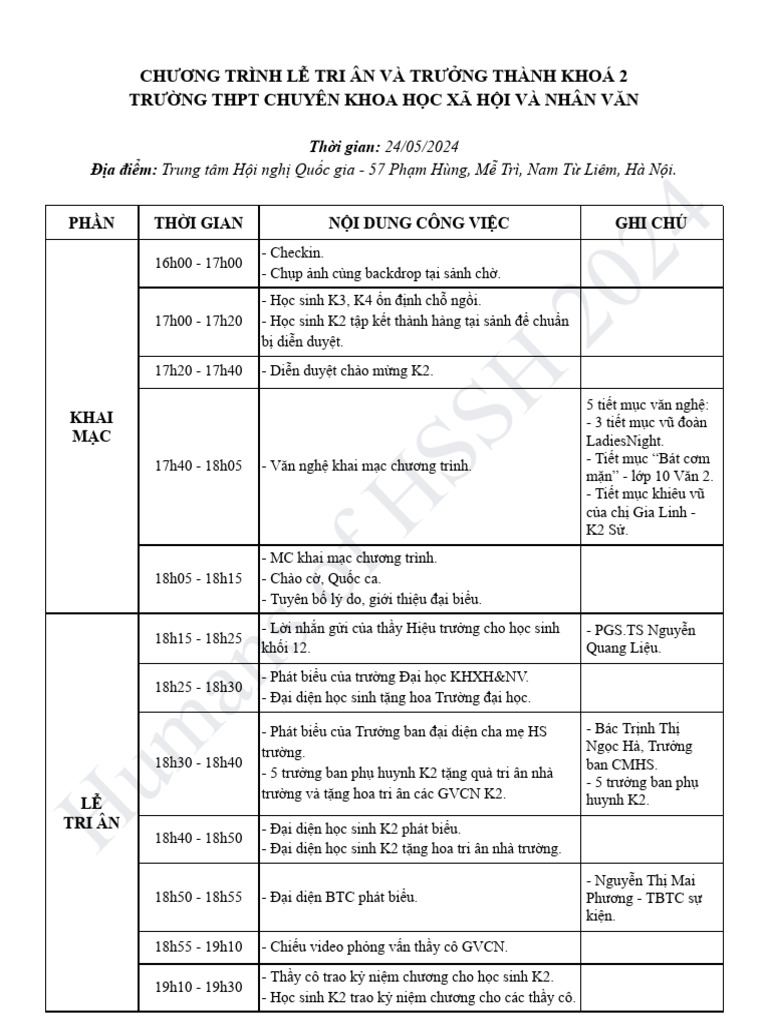 Timeline Chương Trình Lễ Tri Ân Và Trưởng Thành Chạm 18 | PDF