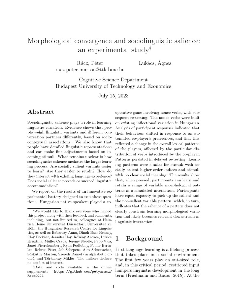 Preprint Morphological Convergence and Sociolinguistic Salience | PDF