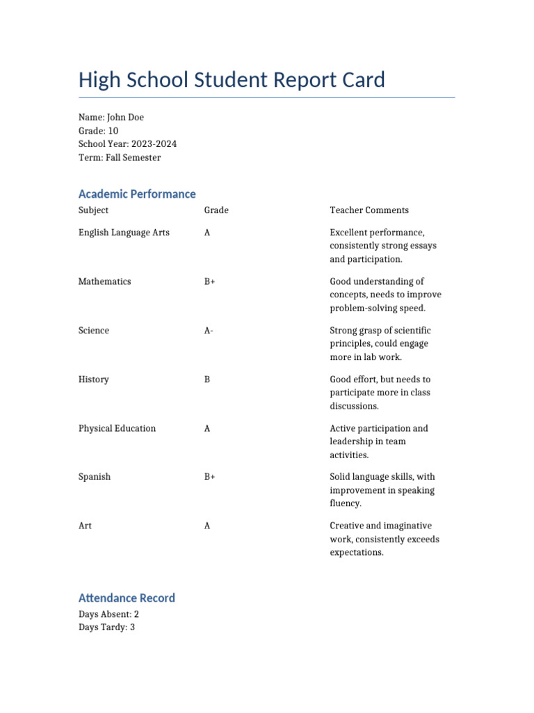 High School Student Report Card John Doe | PDF | Career & Growth | Wellness