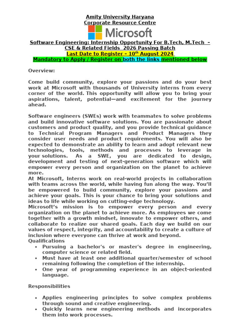 Important Microsoft Software Engineering Internship Opportunity For B ...