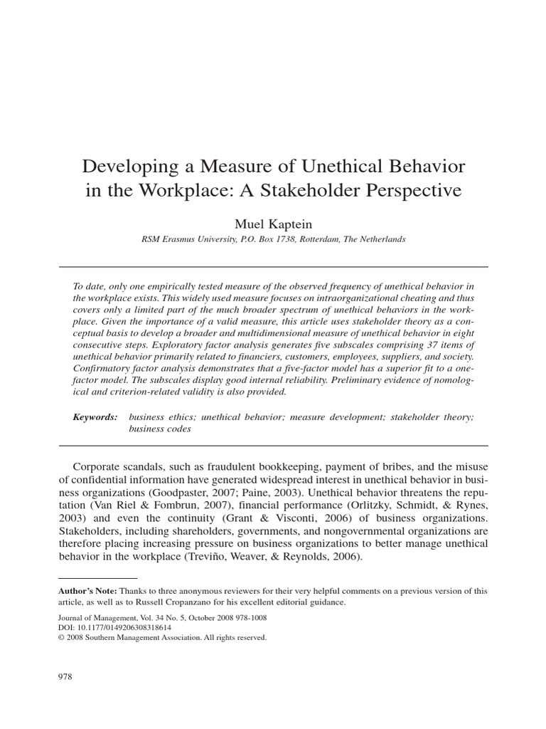 Developing A Measure of Unethical Behavior in The Workplace: A ...