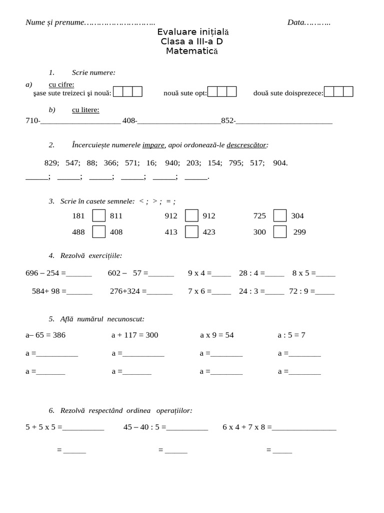 Evaluare Initiala Matematica | PDF