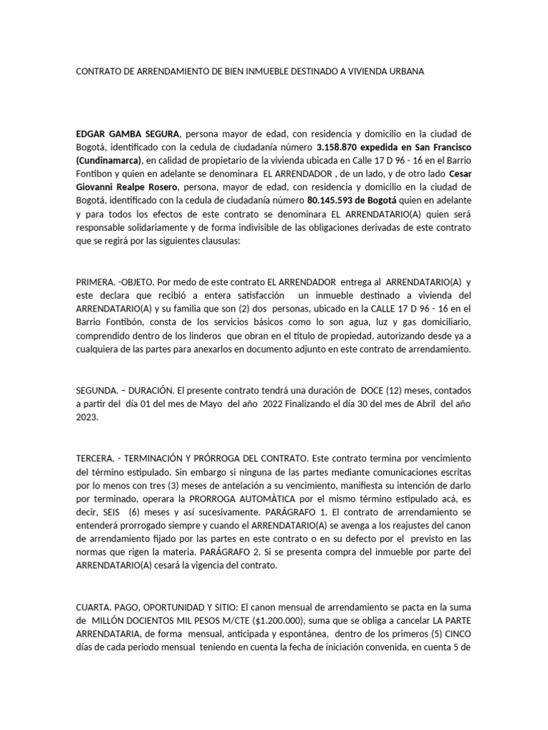 CONTRATO DE ARRENDAMIENTO DE BIEN INMUEBLE DESTINADO A VIVIENDA URBANA_firmado | PDF