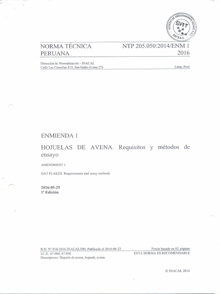 Enmienda 1. Hojuelas de Avena. NTP 205.050 2014enm1 2016 | PDF