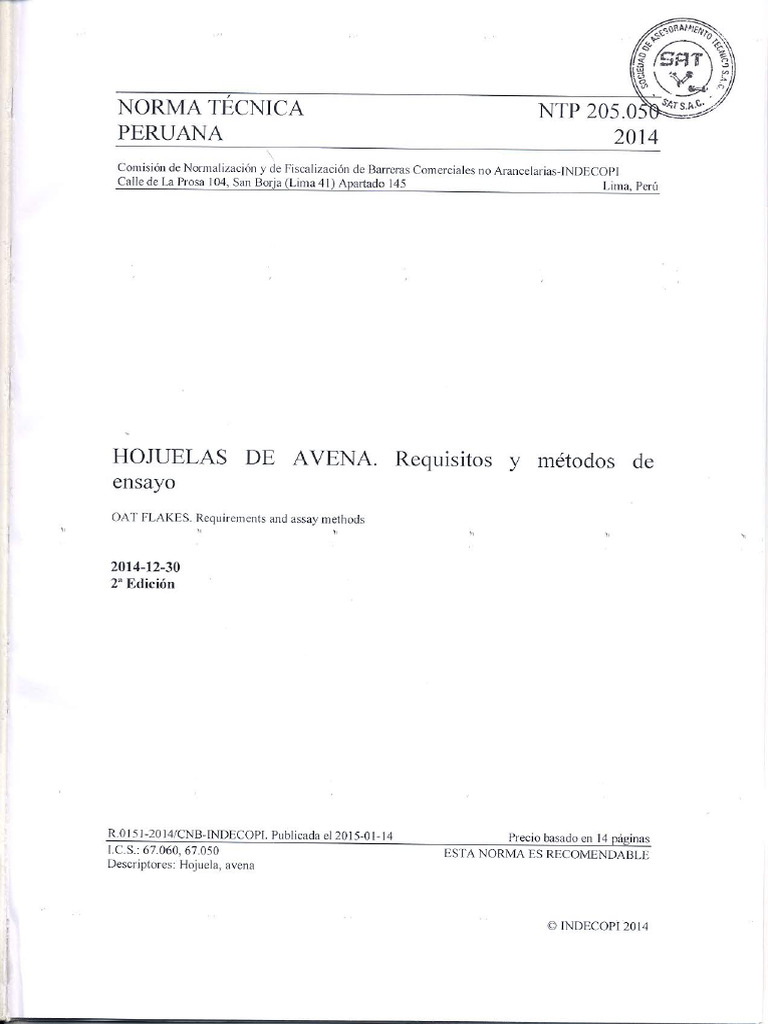 HOJUELA DE AVENA. Requisitos y Metodos de Ensayo. NTP 205.050 2014 | PDF