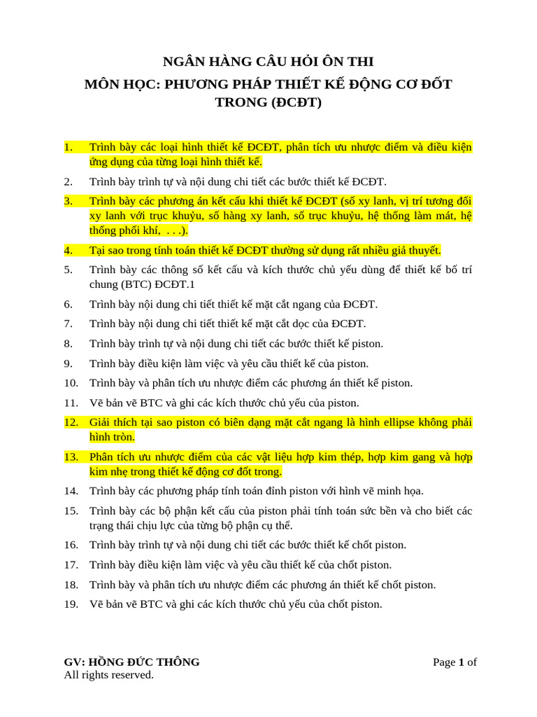 (Luu) - Ngan Hang Cau Hoi-Pptk Dong Co | PDF