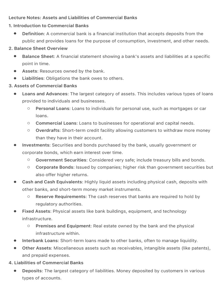 Lecture Notes Assets and Liabilities of Commercial Banks | PDF | Banks ...
