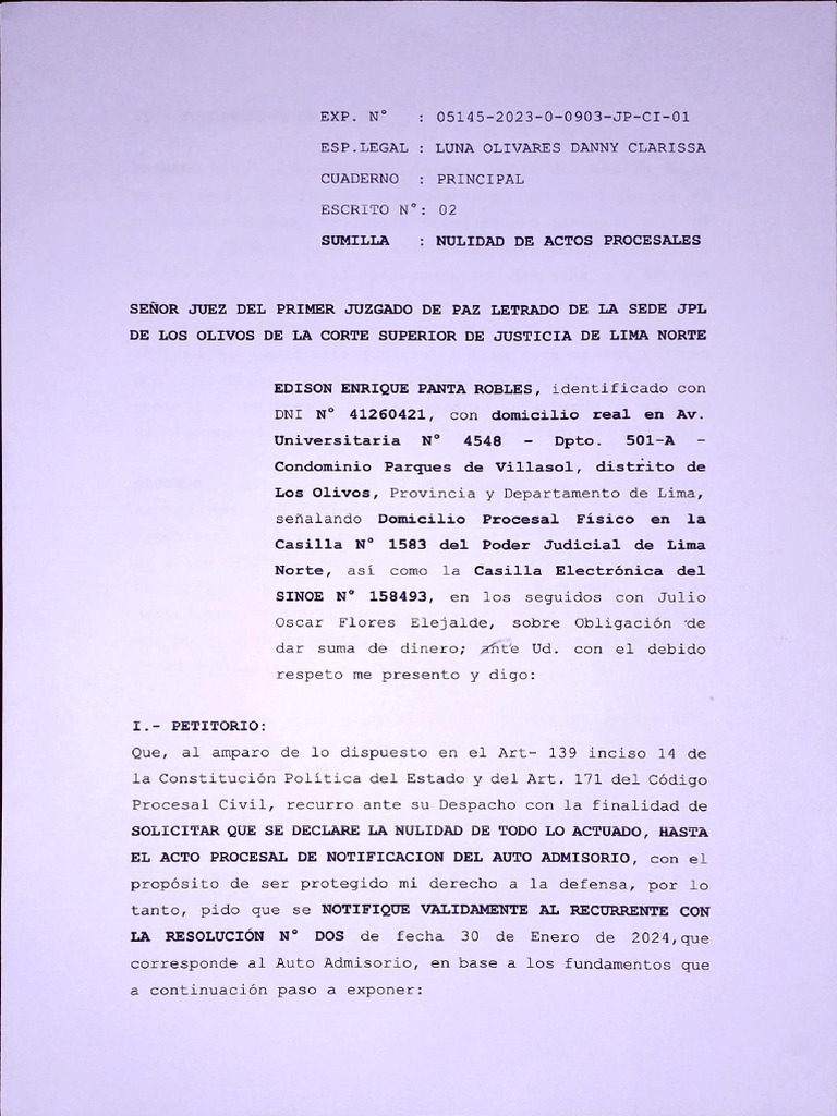 Solicito Nulidad de Actos Procesales - Escrito 2 | PDF