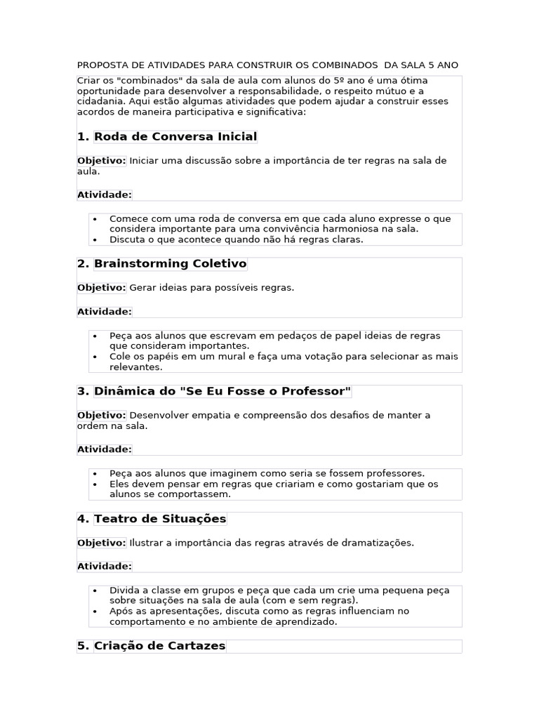 Proposta de Atividades Para Construir Os Combinados Da Sala 5 Ano | PDF
