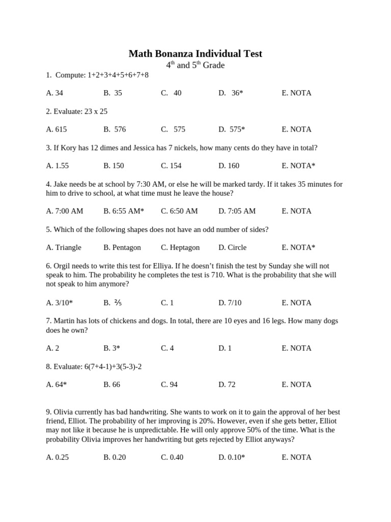 Math Bonanza Individual Test 4th and 5th | PDF