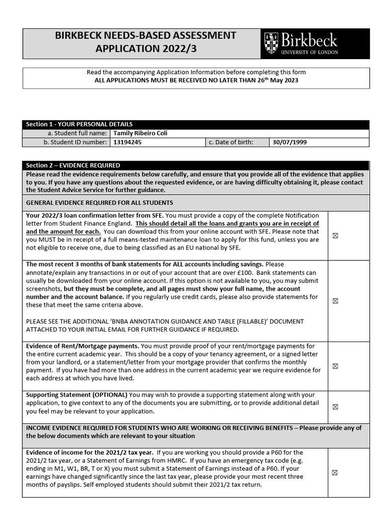 BNBA Evidence Checklist - Tamily | PDF