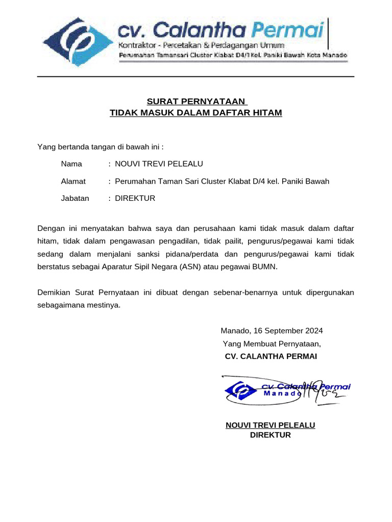 Cv. CP - Surat Pernyataan Tidak Masuk Dalam Daftar Hitam | PDF