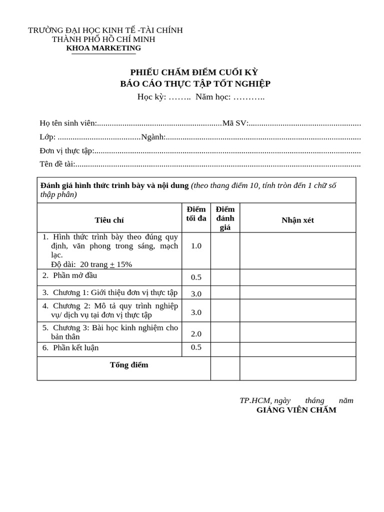 Mau - 04 - Phieu Cham Diem Cuoi Ky BC TTTN | PDF | Career & Growth