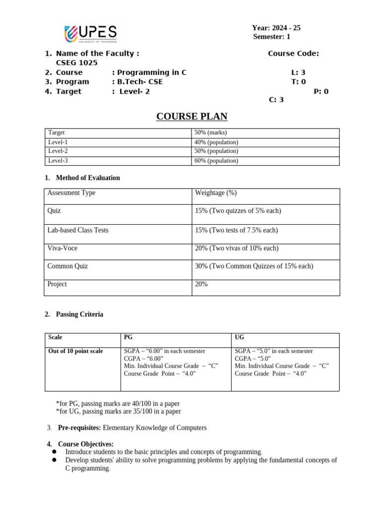 Course Plan ProgrammingInC 2024-25 | PDF