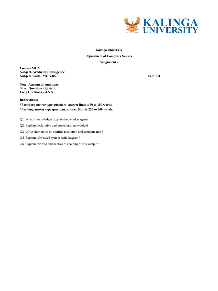 JULY-DEC 2024 MCA 3 SEM V10 MCA302 MCA302 Artificial Intelligence Unit 2 Assignment | PDF