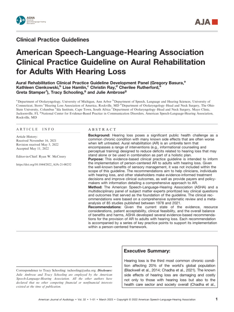 Aural Rehabilitation Clinical Practice Guideline Development Panel Et ...