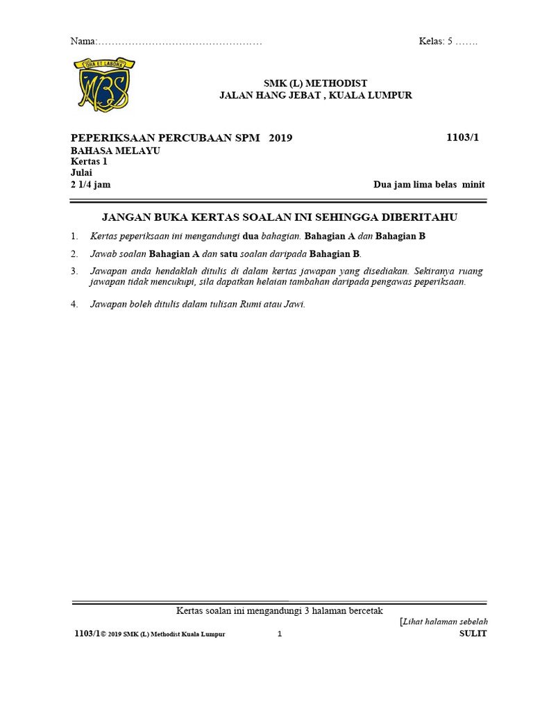 KUALA LUMPUR (SMK (L) Methodist) - BM1 | PDF