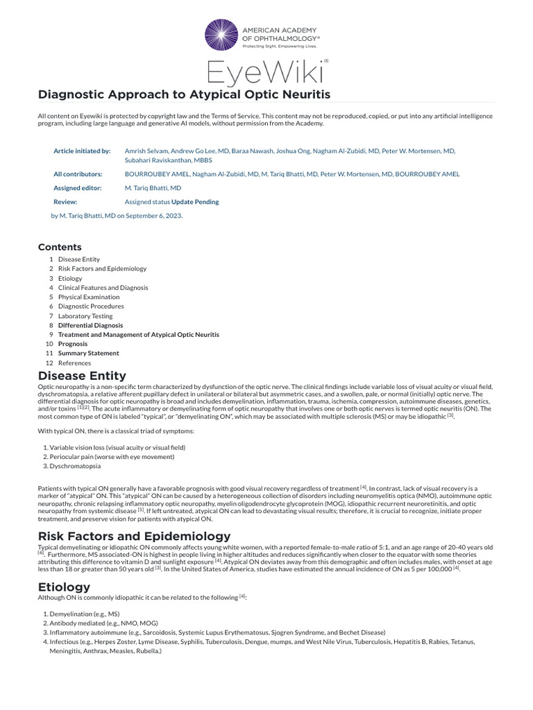 Diagnostic Approach To Atypical Optic Neuritis - EyeWiki | PDF