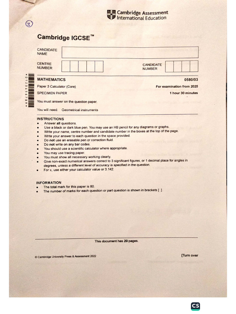Specimen Paper 3 Core Maths 2025 | PDF
