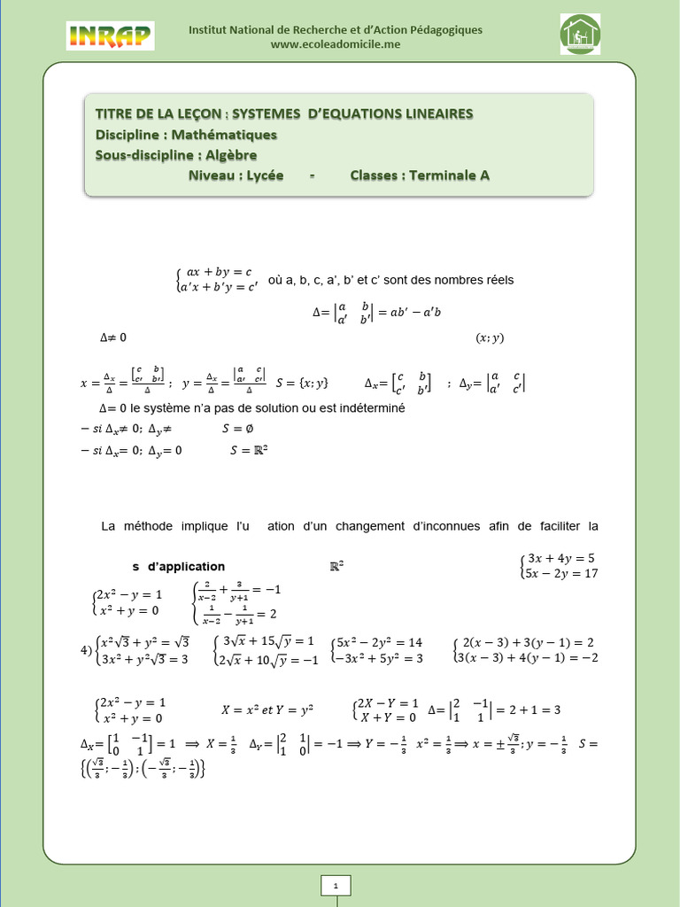 MATHS - Term A - SYSTEMES DEQUATIONS LINEAIRES | PDF