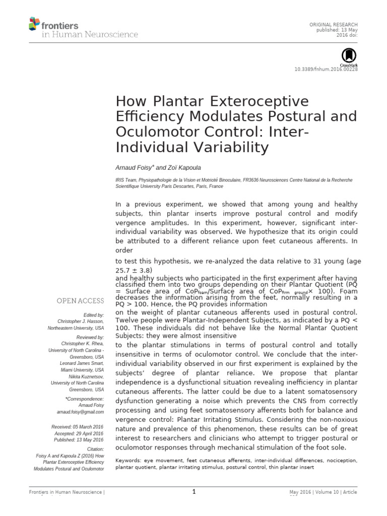 How Plantar Exteroceptive Efficiency Modulates Posturaland Oculomotor ...