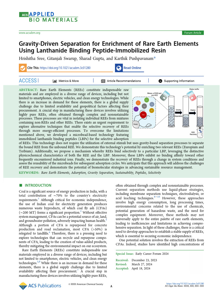Sree Et Al 2024 Gravity Driven Separation For Enrichment of Rare Earth Elements Using Lanthanide ...