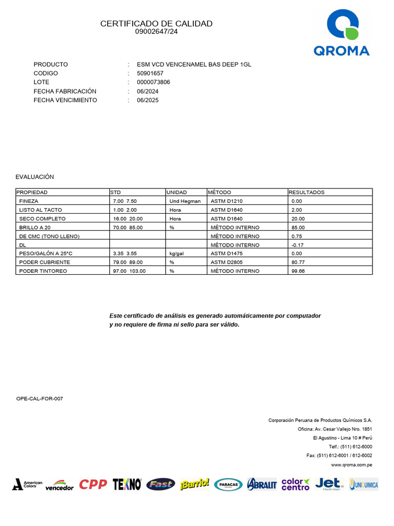 Certificado de Calidad ESM VCD VENCENAMEL BAS DEEP | PDF Certificado de Calidad ESM VCD VENCENAMEL BAS DEEP | PDF